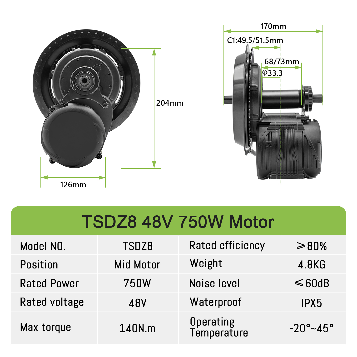 48V 750W TSDZ8 Mid Drive Motor Kit - GREEN PEDEL
