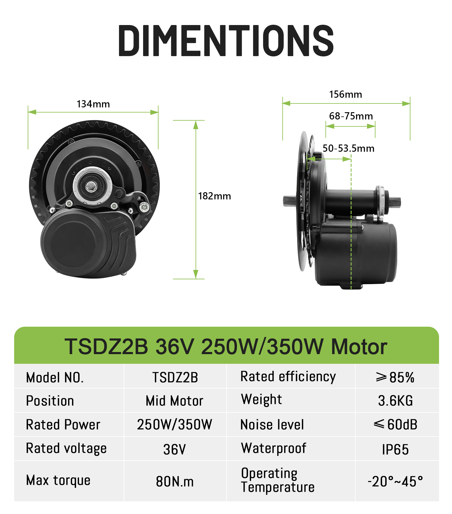 36V 250W TSDZ2B Mid Drive Motor Kit - GREEN PEDEL